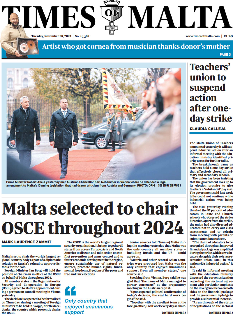 Times of Malta - Today's Cover | Front Pages
