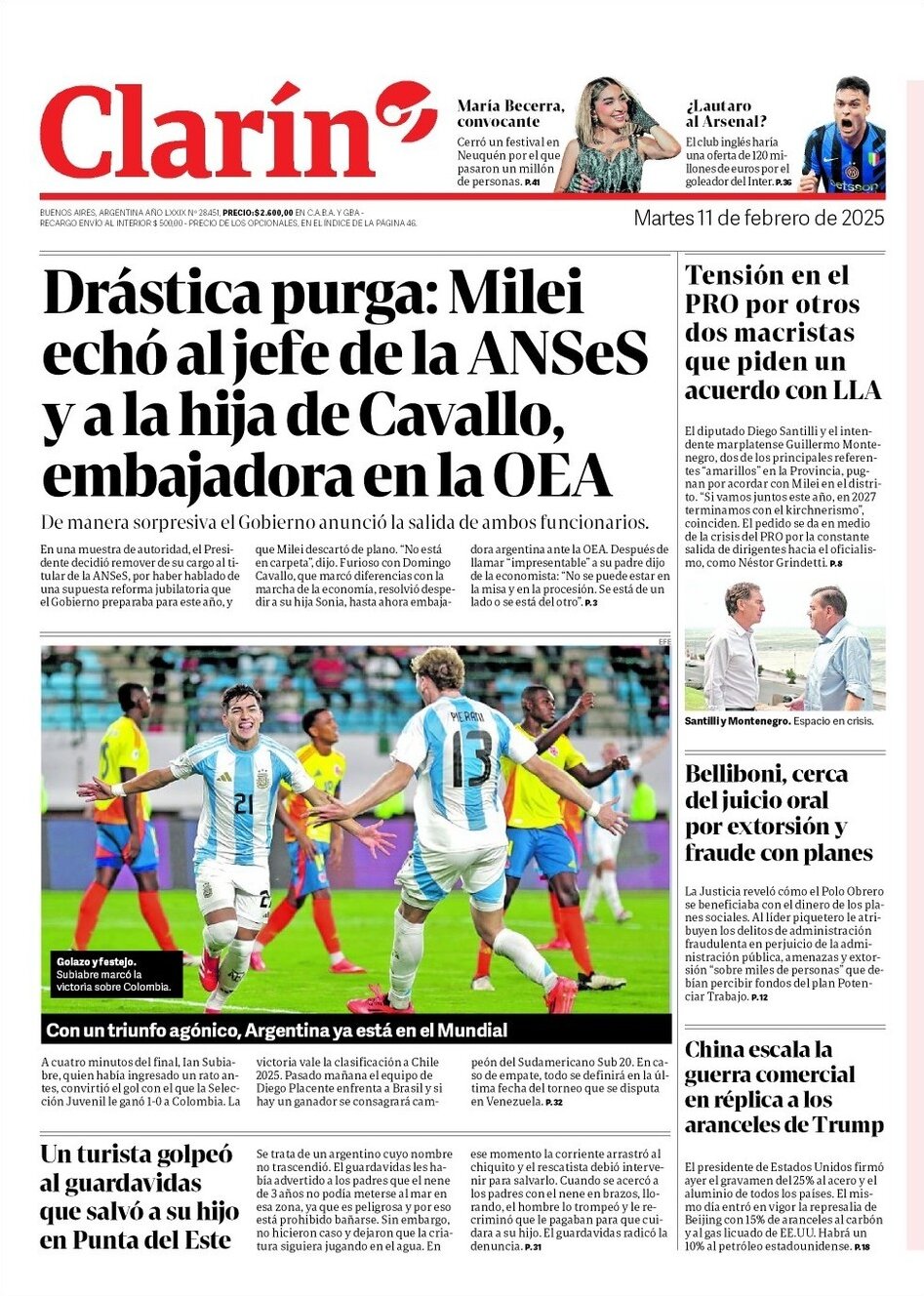 Clarín - Today's Front Page, 11/02/2025