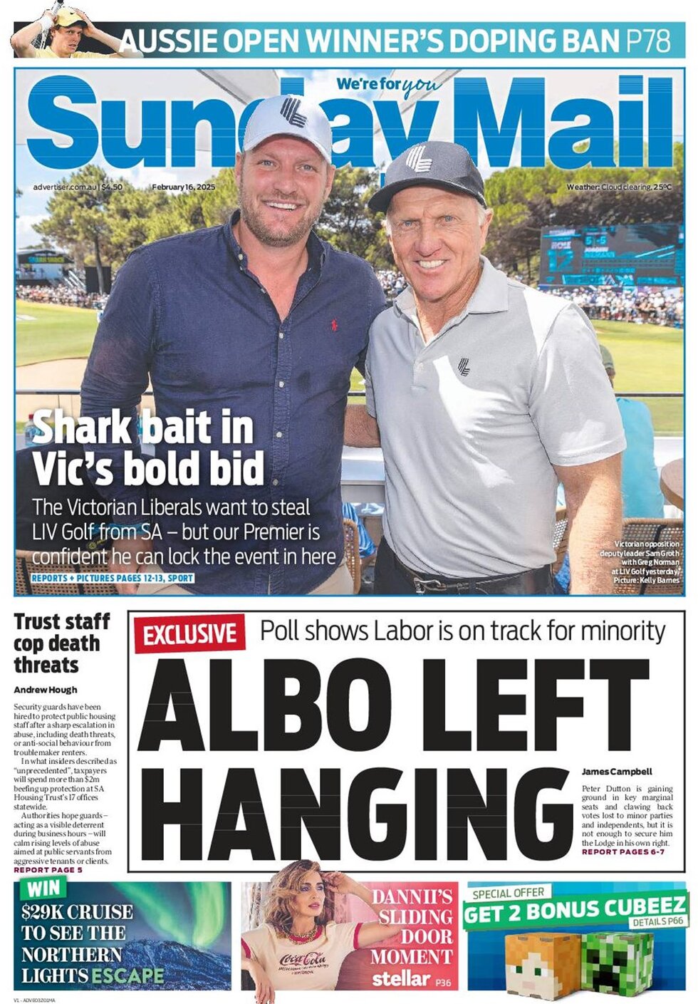 The Advertiser - Today's Front Page, 16/02/2025