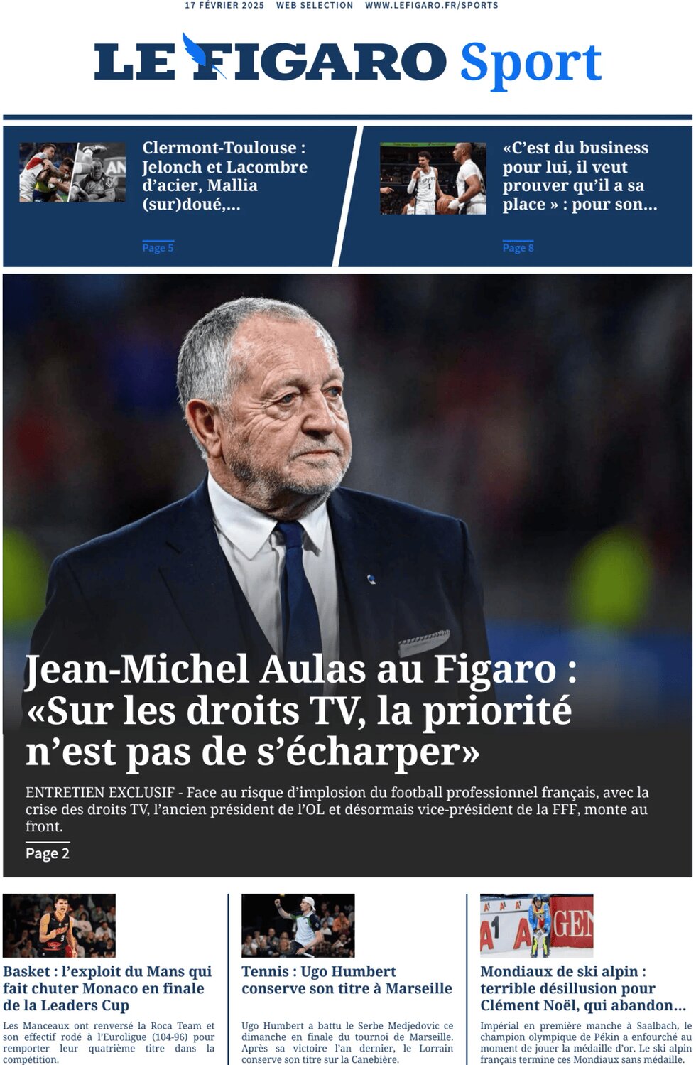 Le Figaro SPORT - Today's Front Page, 17/02/2025