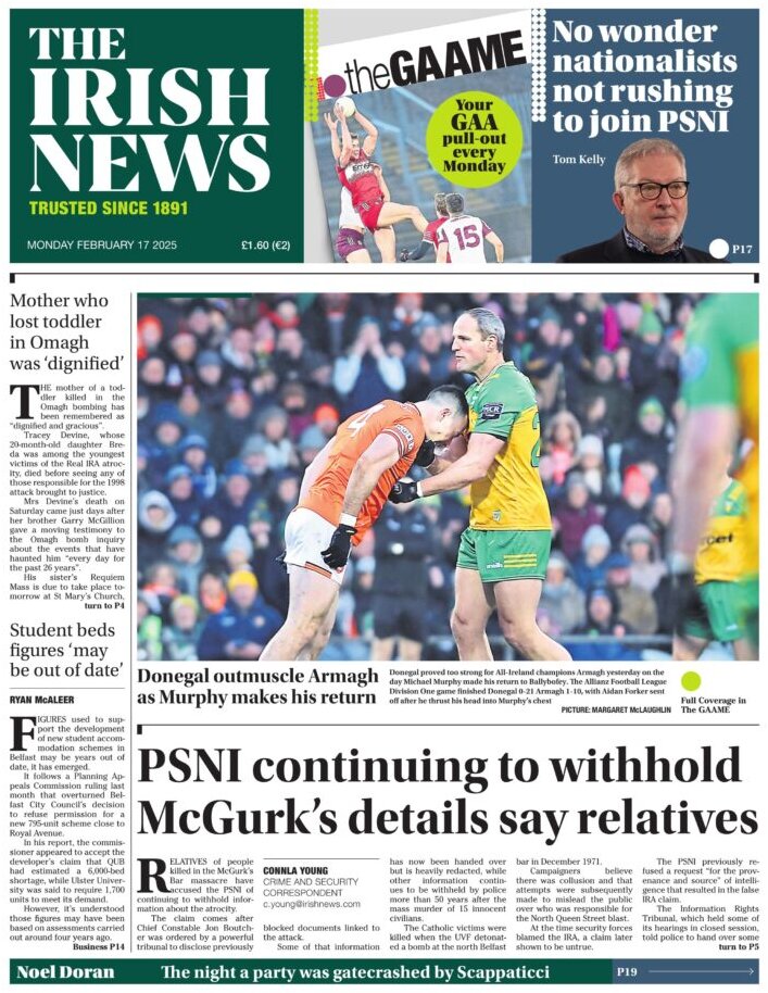 The Irish News - Today's Front Page, 17/02/2025