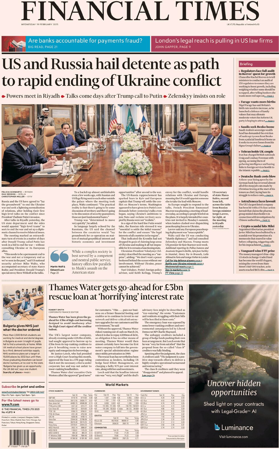 Financial Times - Today's Front Page, 19/02/2025