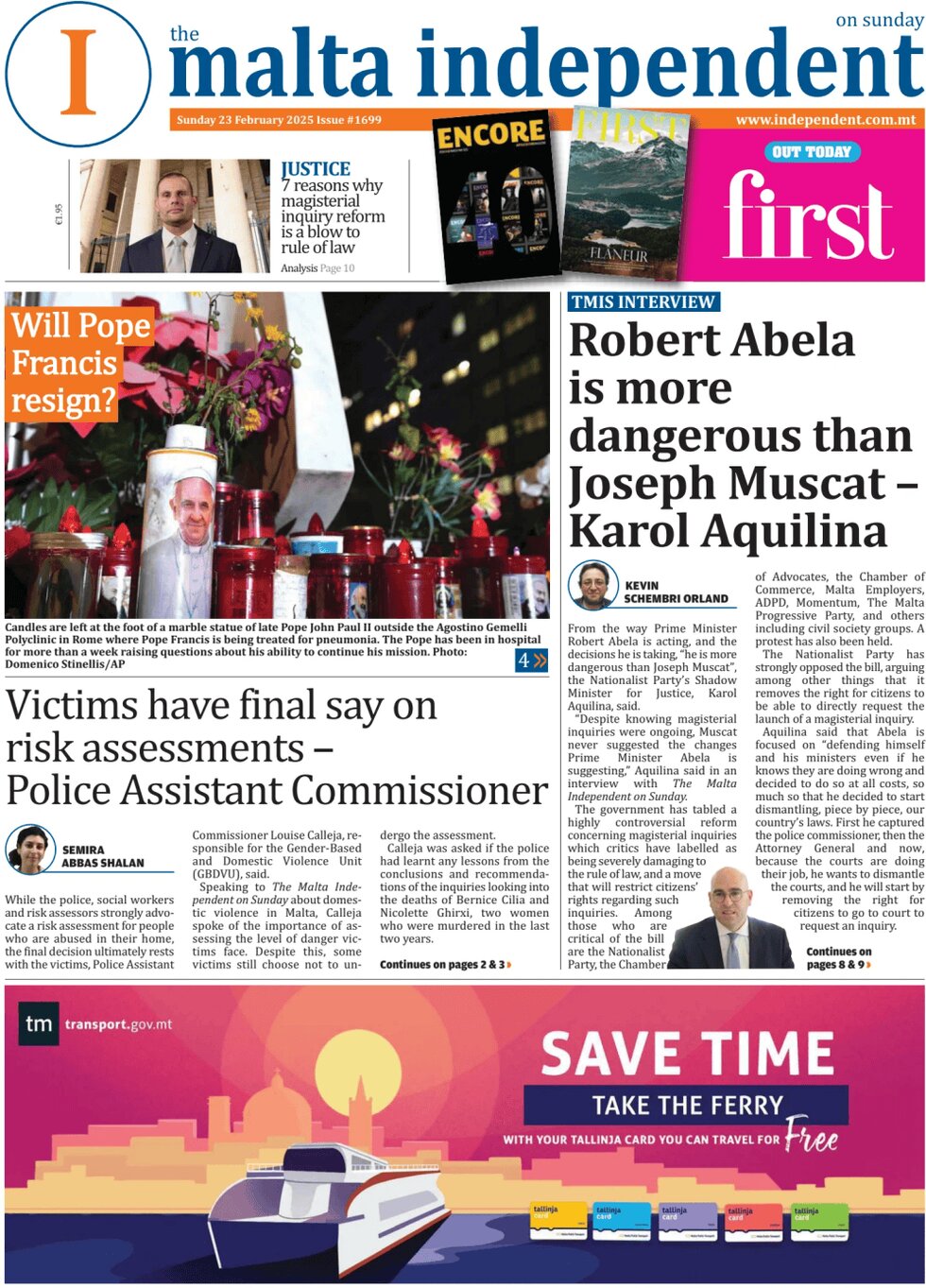 The Malta Independent - Today's Front Page, 23/02/2025
