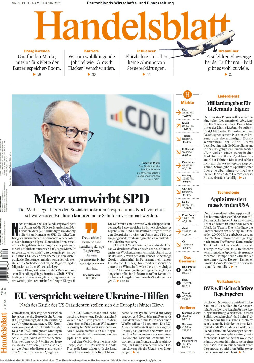 Handelsblatt - Today's Front Page, 25/02/2025
