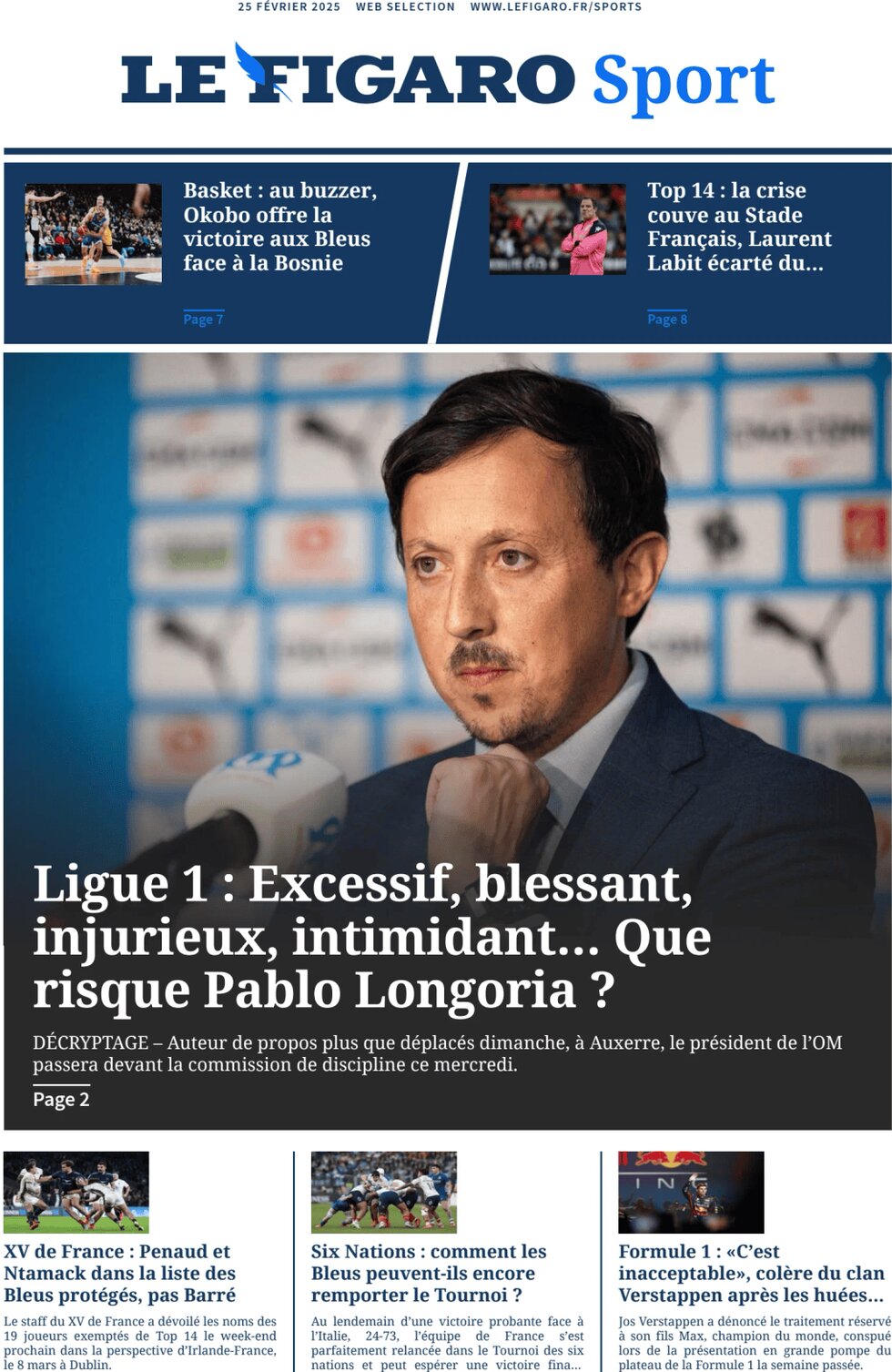 Le Figaro SPORT - Today's Front Page, 25/02/2025
