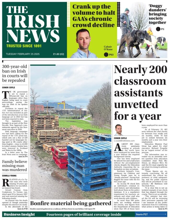 The Irish News - Today's Front Page, 25/02/2025