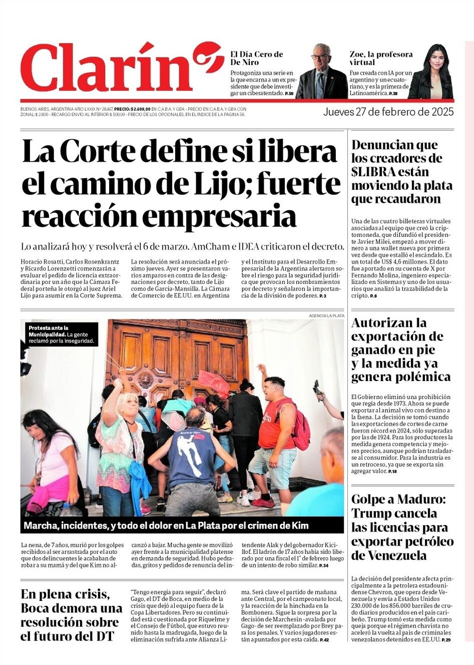 Clarín - Today's Front Page, 27/02/2025
