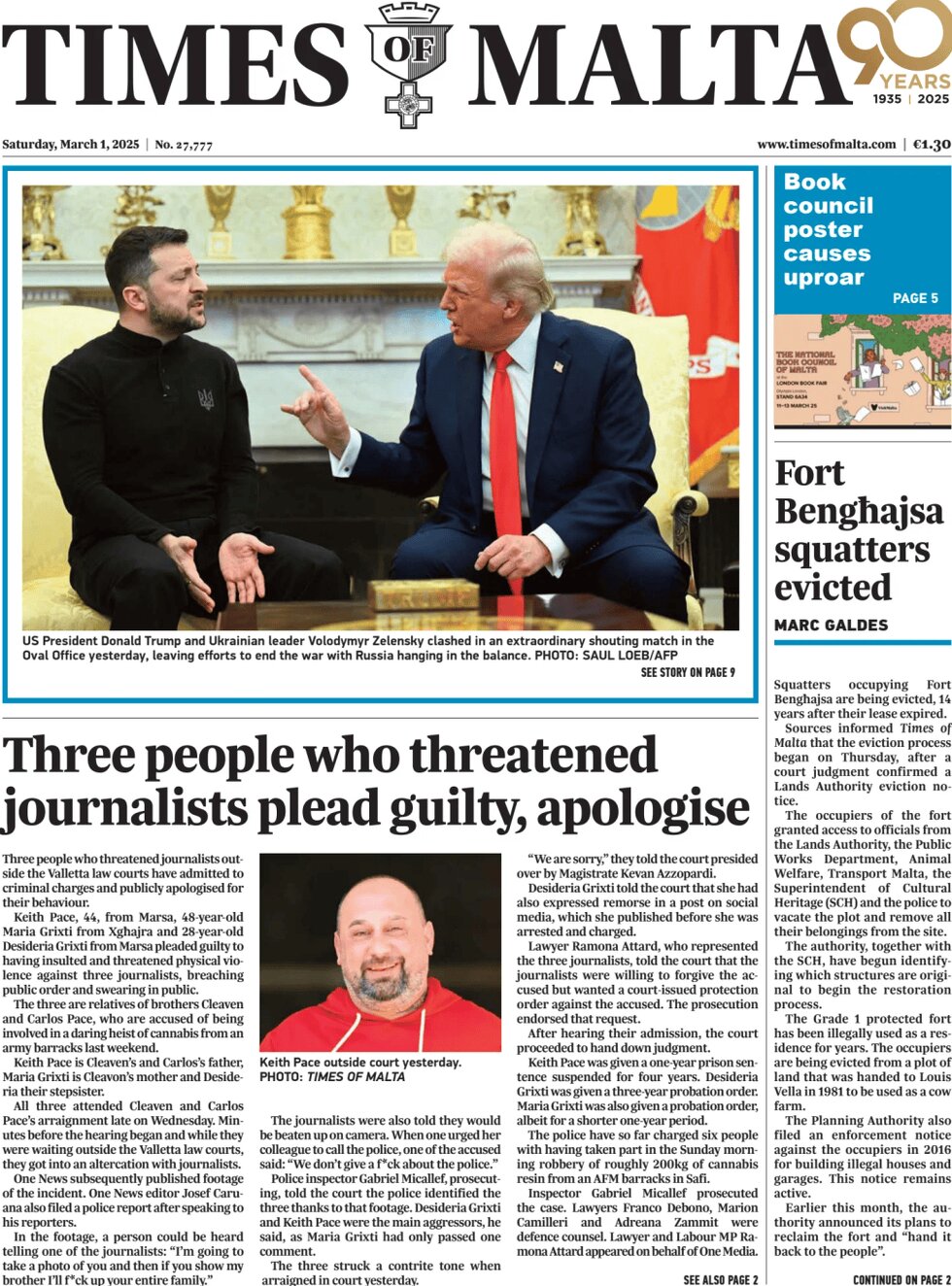 Times of Malta - Today's Front Page, 01/03/2025