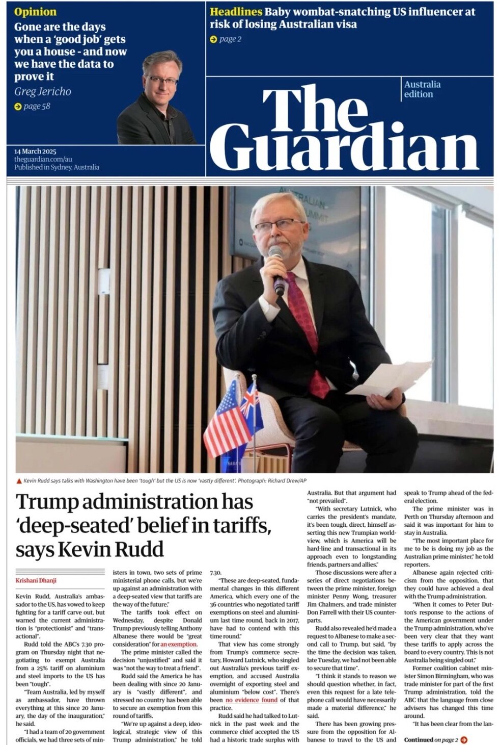 The Guardian Australia - Today's Front Page, 14/03/2025