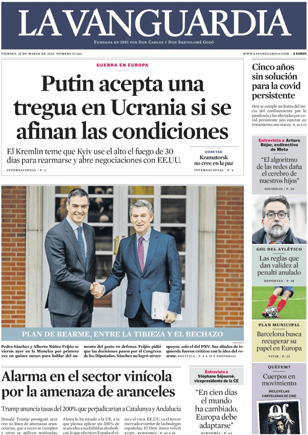 La Vanguardia - Today's Front Page, 14/03/2025