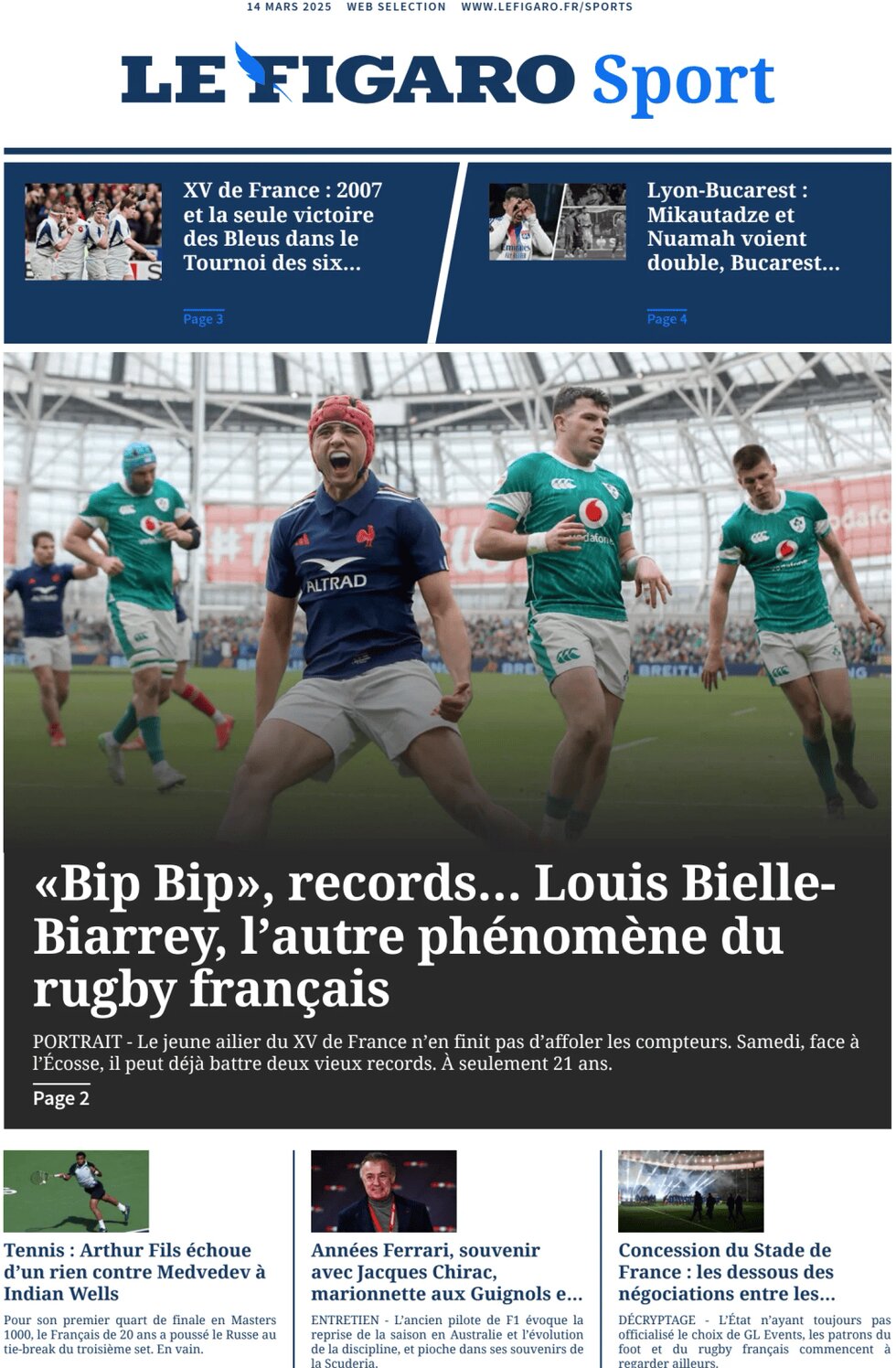 Le Figaro SPORT - Today's Front Page, 14/03/2025