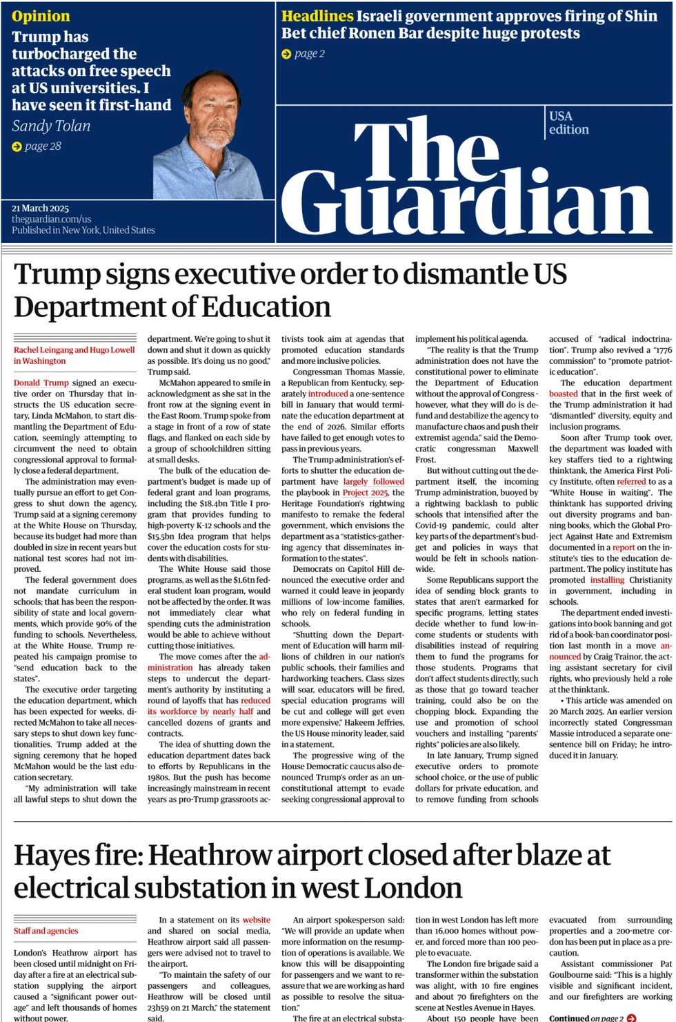 The Guardian US - Today's Front Page, 21/03/2025