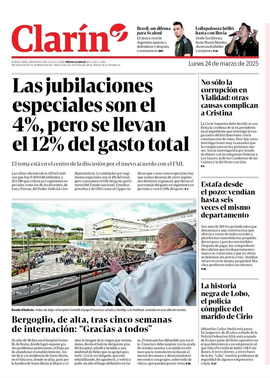Clarín - Today's Front Page, 24/03/2025