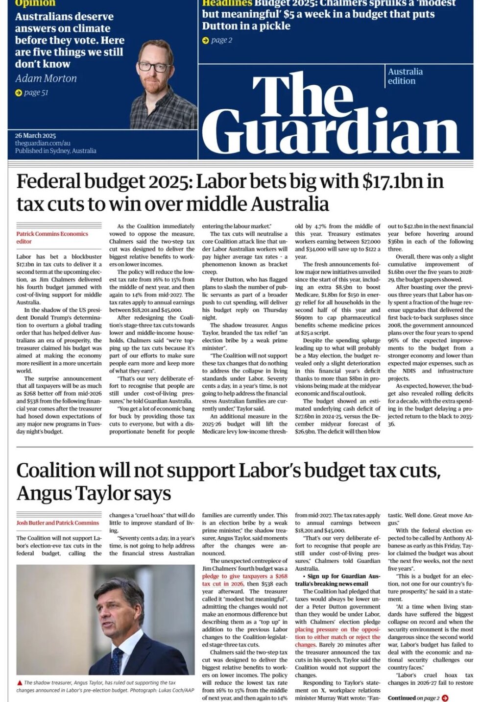 The Guardian Australia - Today's Front Page, 26/03/2025