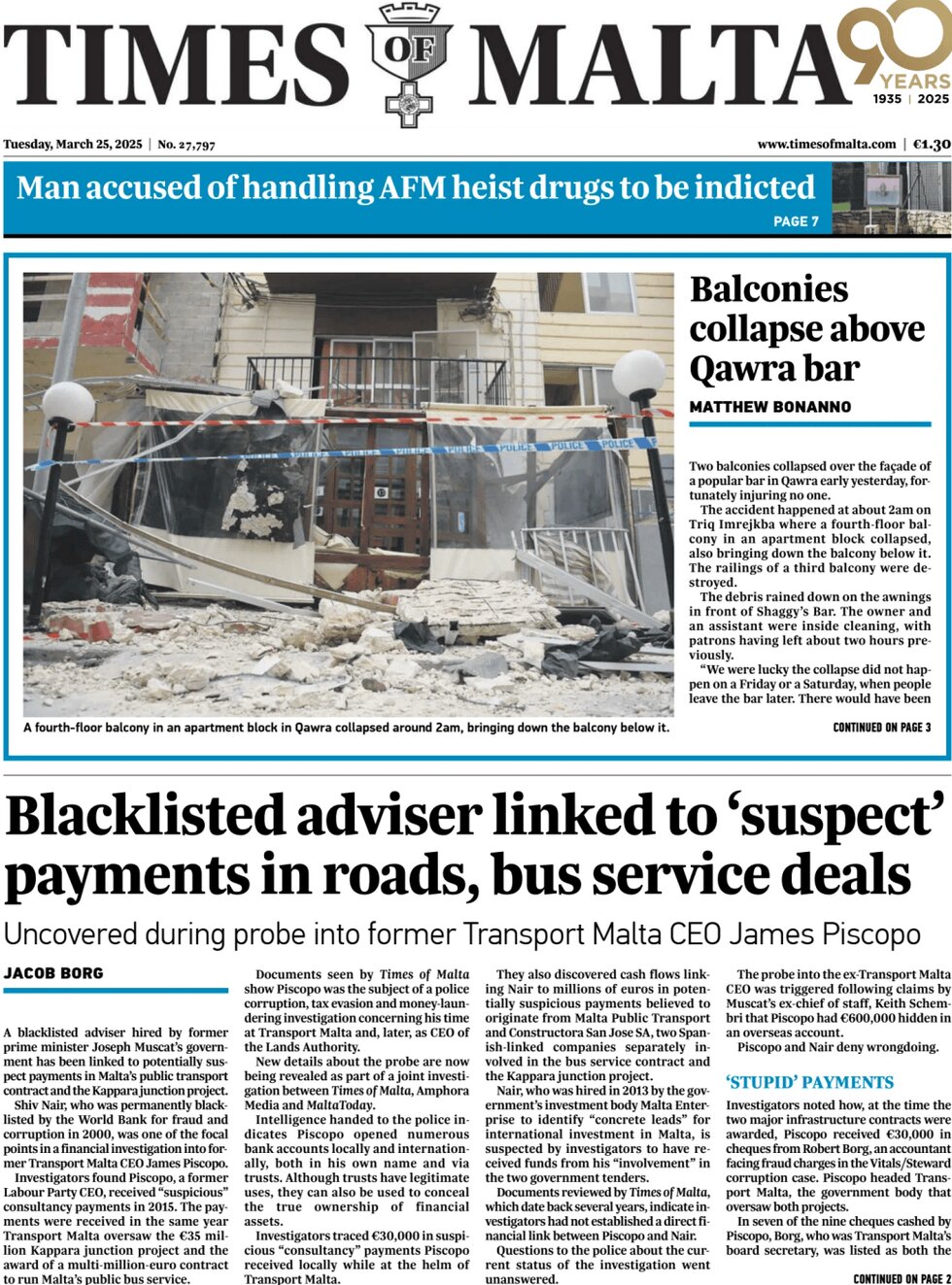 Times of Malta - Today's Front Page, 25/03/2025