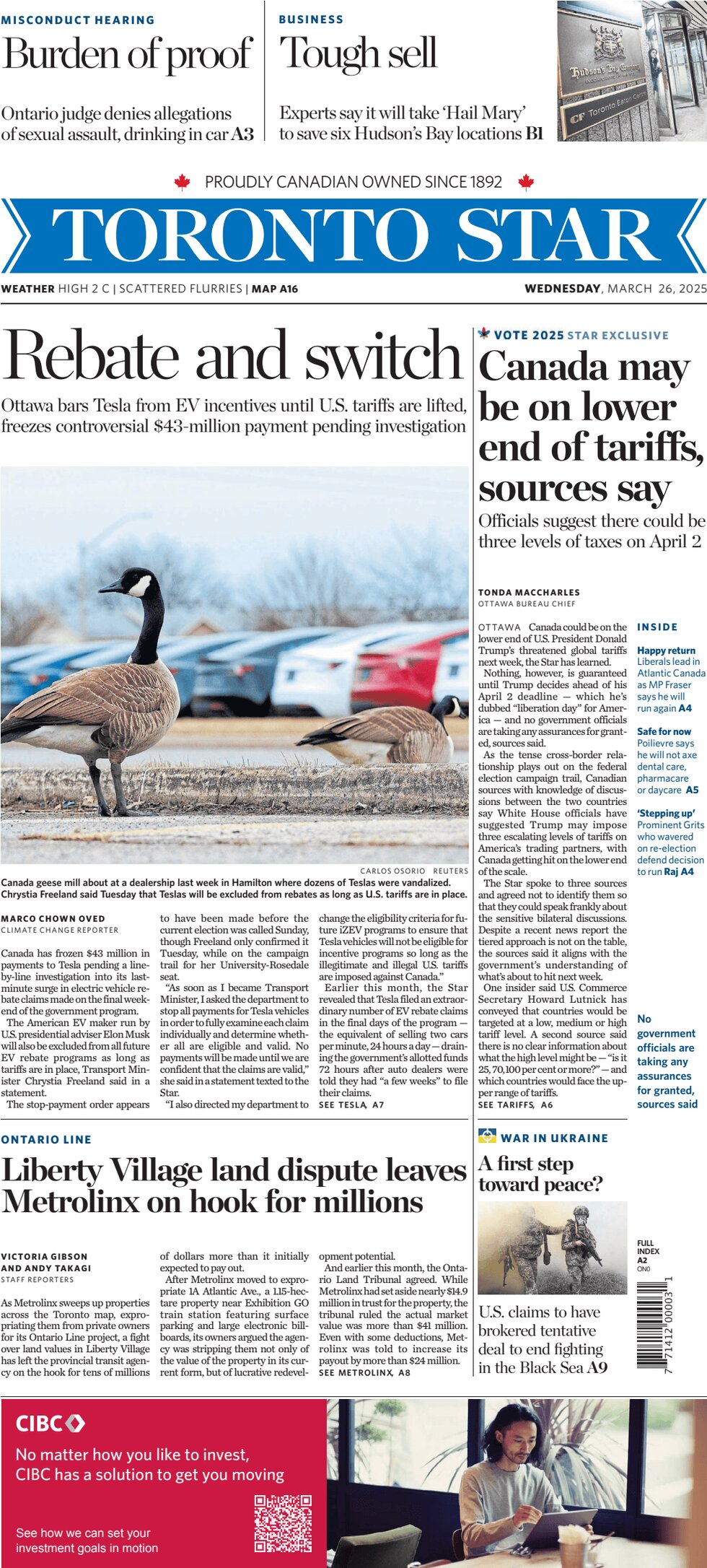 Toronto Star - Today's Front Page, 26/03/2025