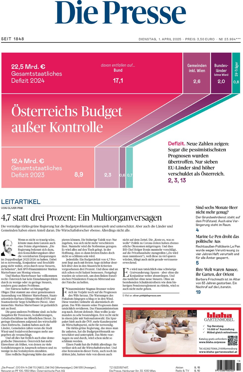 Die Presse - Today's Front Page, 01/04/2025
