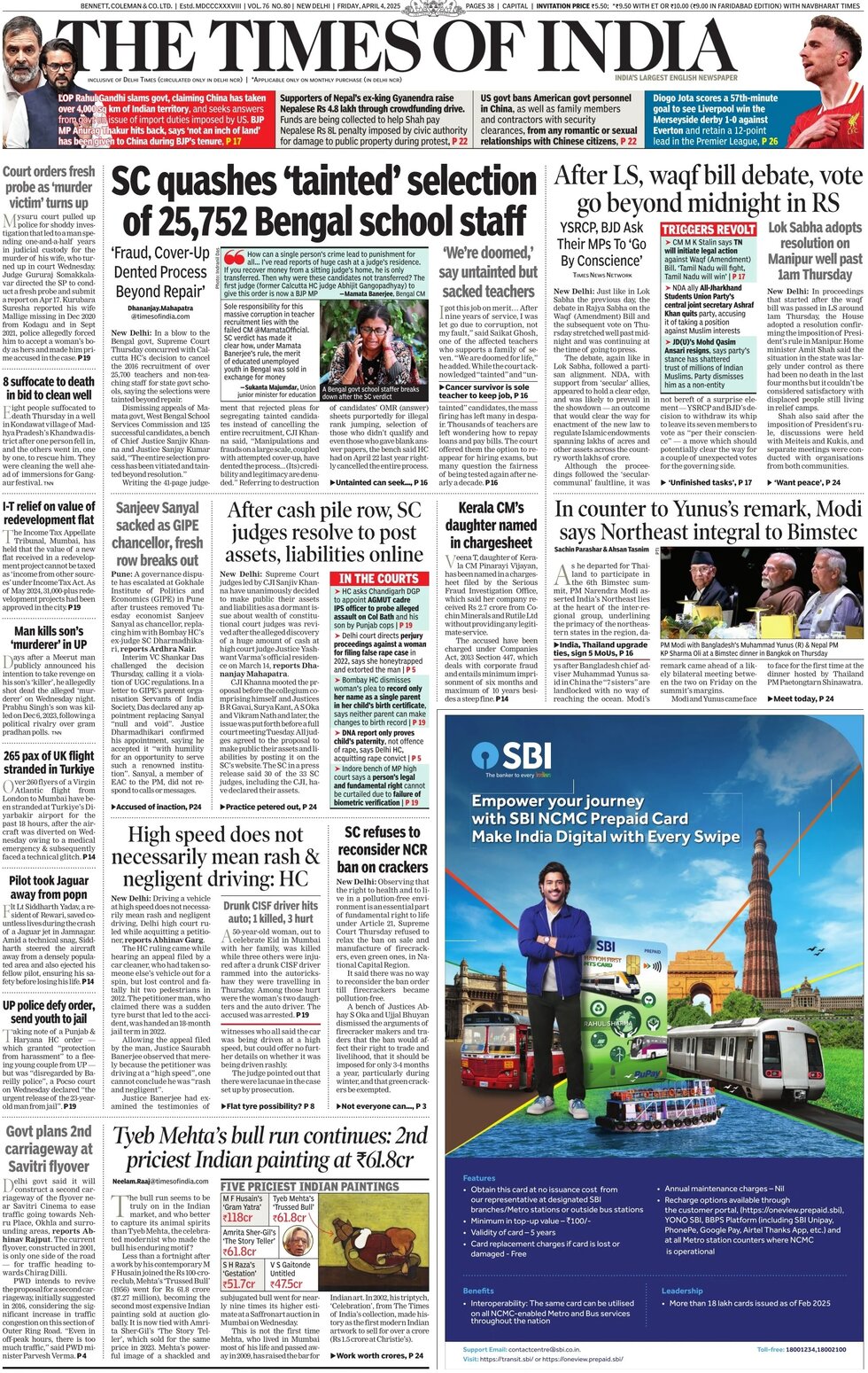 The Times of India - Today's Front Page, 04/04/2025