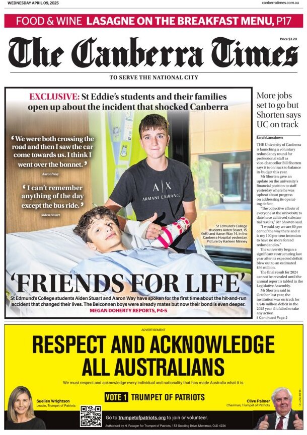 The Canberra Times - Today's Front Page, 09/04/2025
