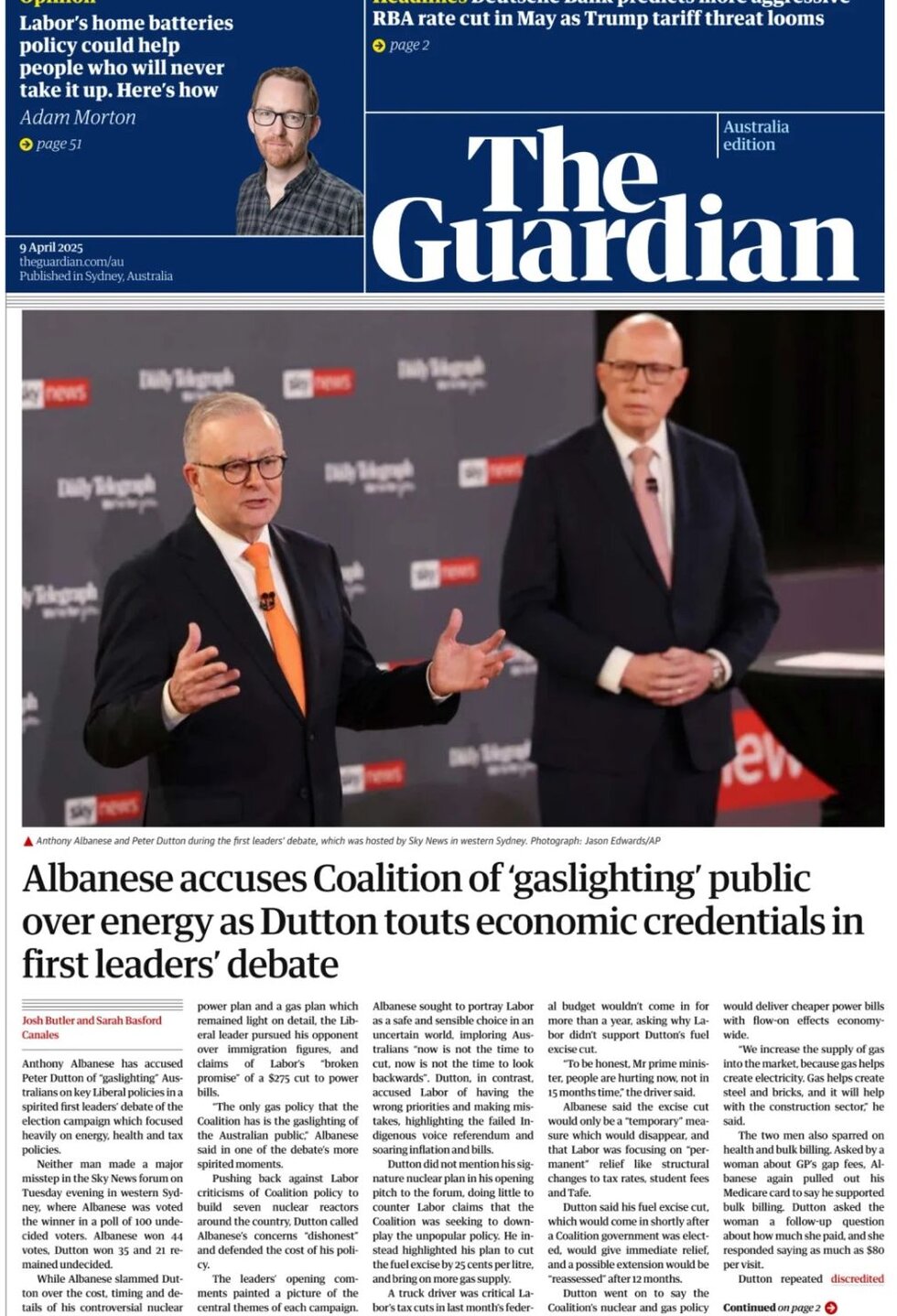The Guardian Australia - Today's Front Page, 09/04/2025