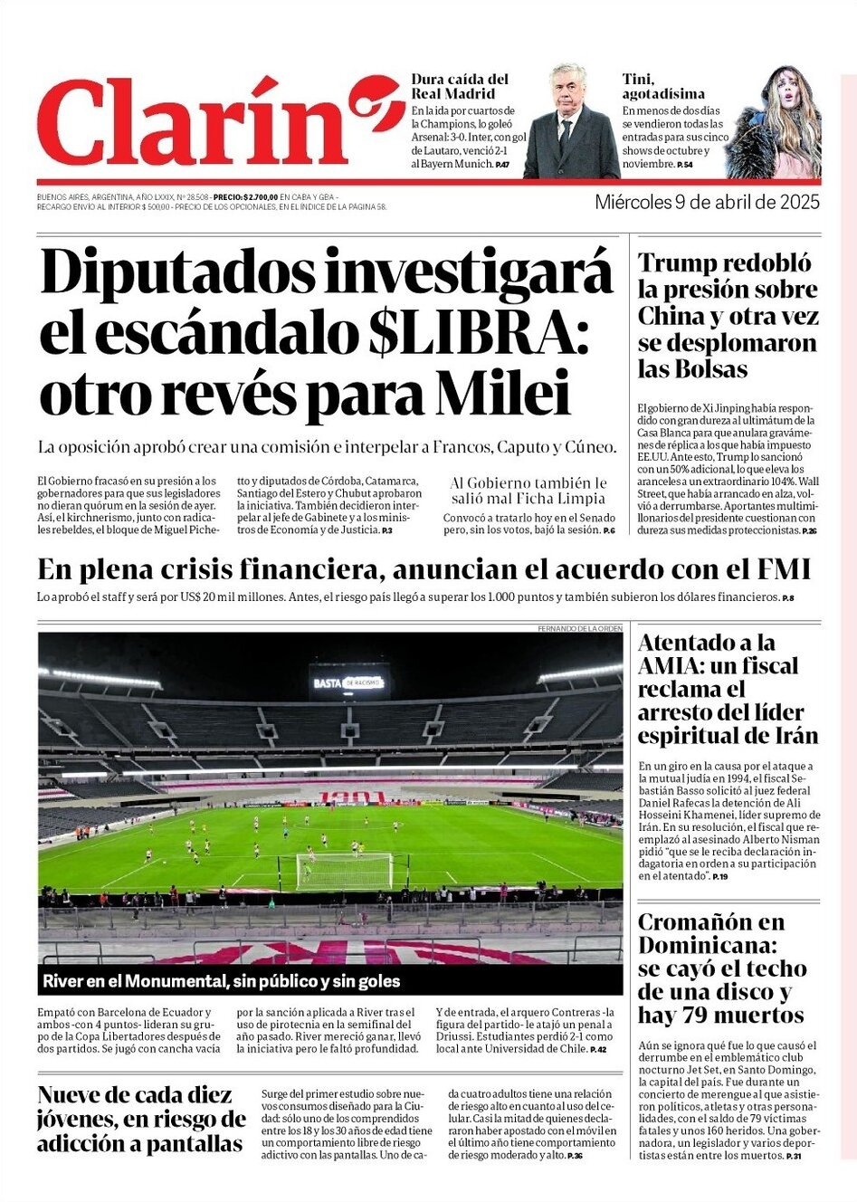 Clarín - Today's Front Page, 09/04/2025