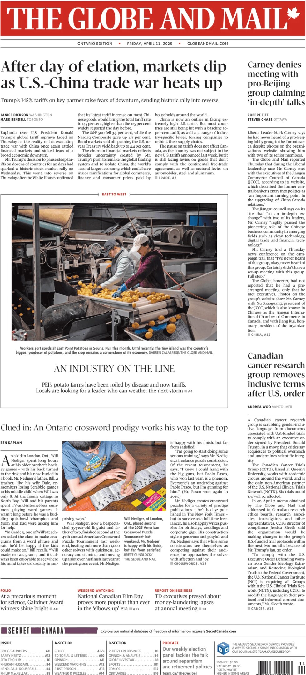 The Globe and Mail - Today's Front Page, 11/04/2025