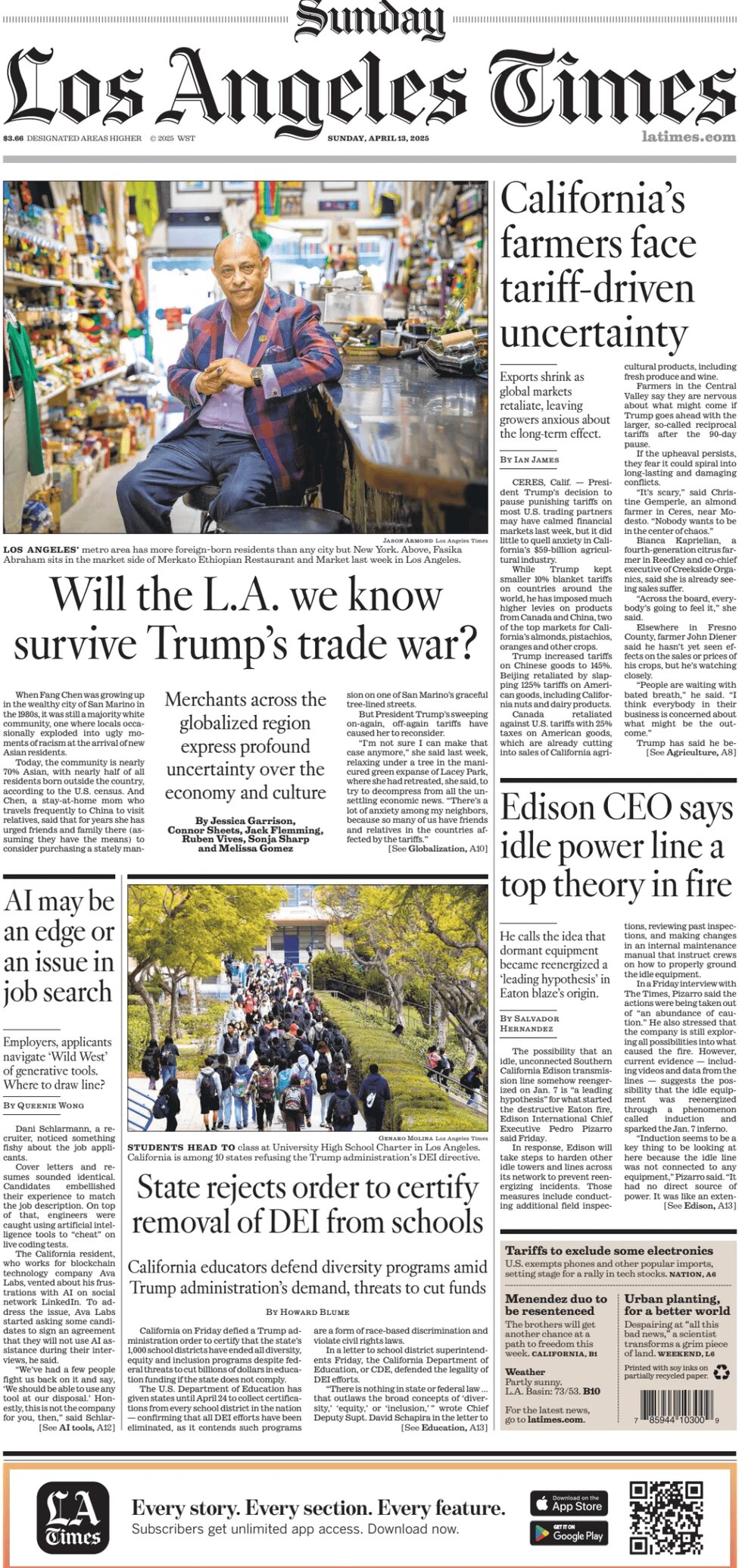 Los Angeles Times - Today's Front Page, 13/04/2025