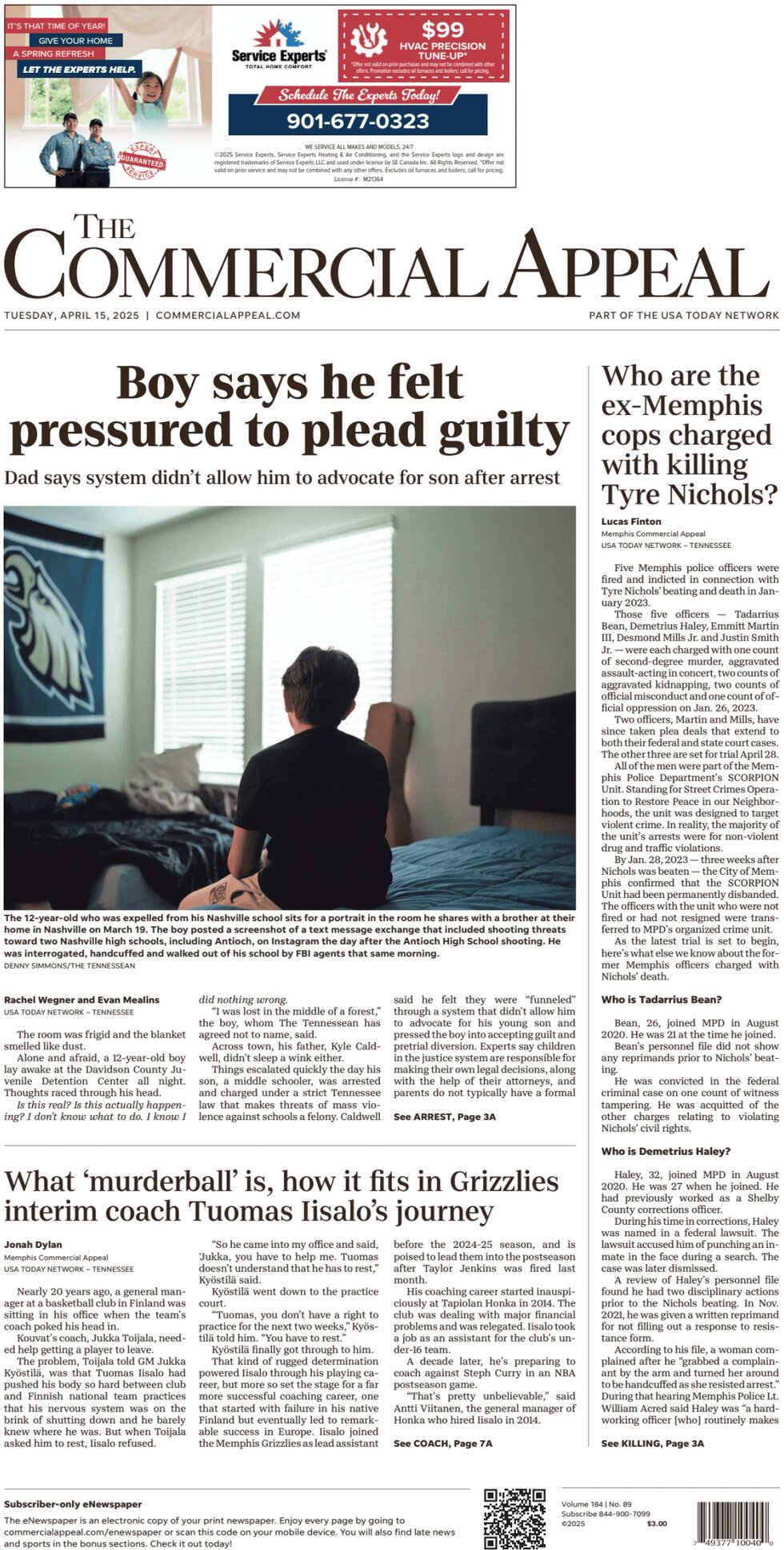 The Commercial Appeal - Today's Front Page, 15/04/2025
