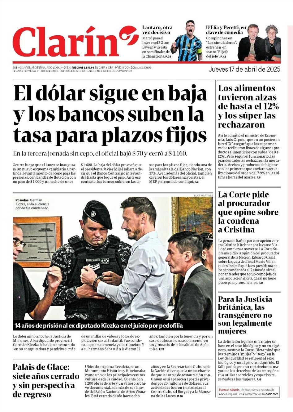Clarín - Today's Front Page, 17/04/2025
