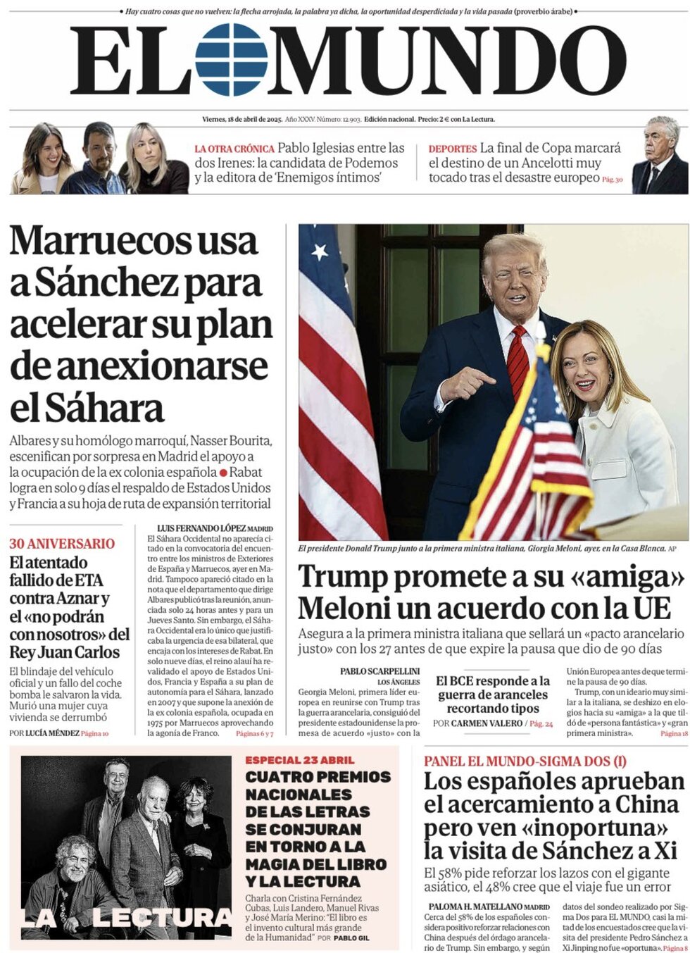 El Mundo - Today's Front Page, 18/04/2025