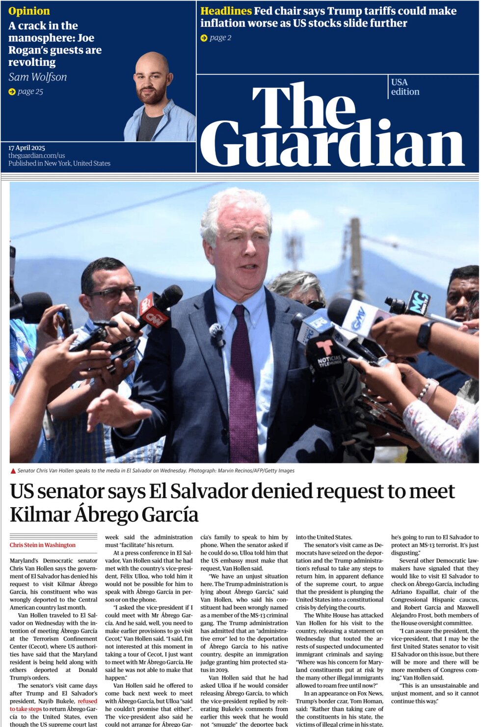 The Guardian US - Today's Front Page, 17/04/2025