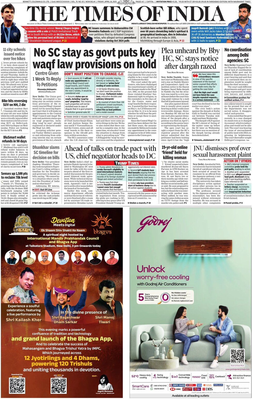 The Times of India - Today's Front Page, 18/04/2025