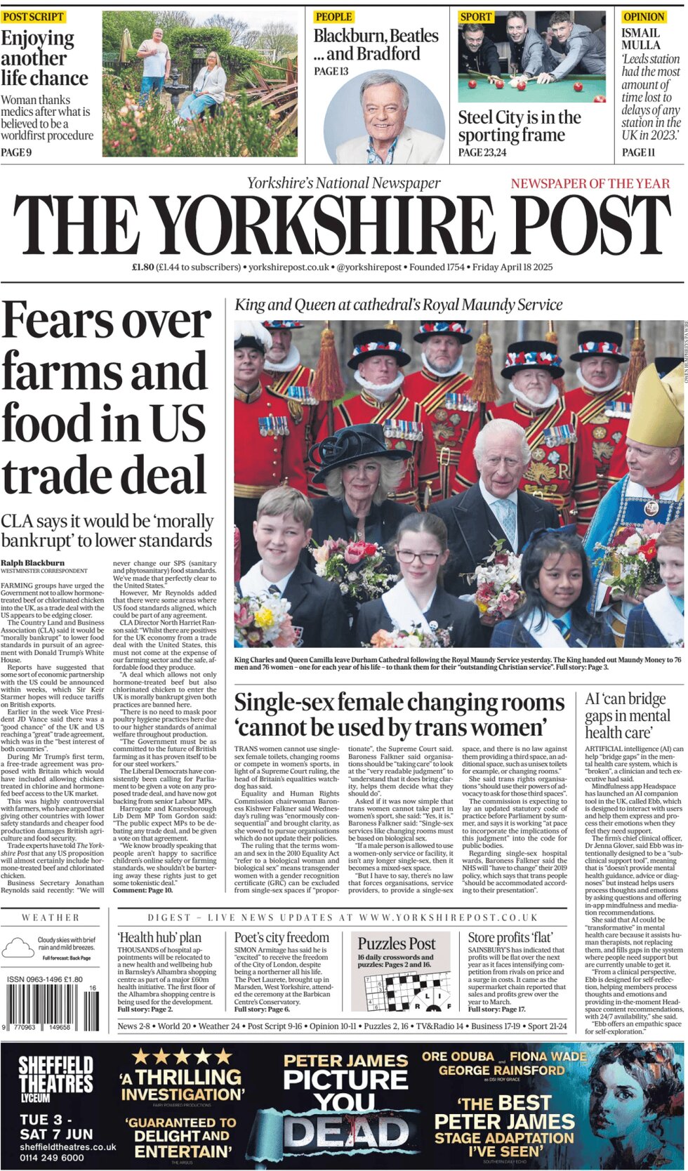 The Yorkshire Post - Today's Front Page, 18/04/2025