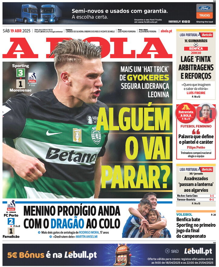 A Bola - Today's Front Page, 19/04/2025