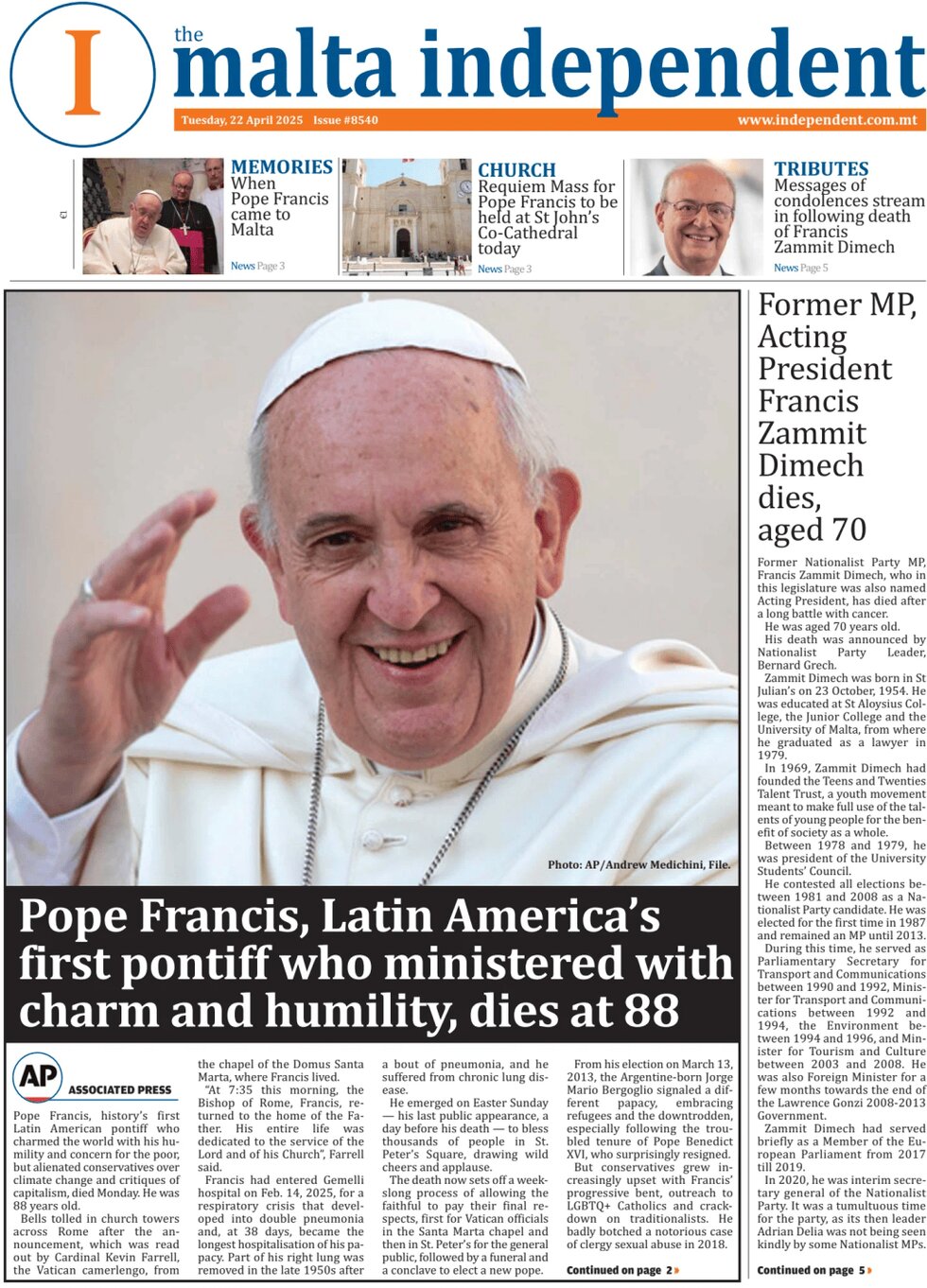 The Malta Independent - Today's Front Page, 22/04/2025