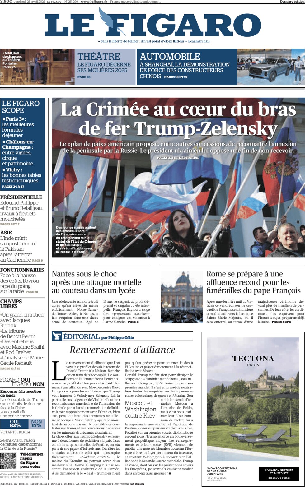 Le Figaro - Today's Front Page, 25/04/2025