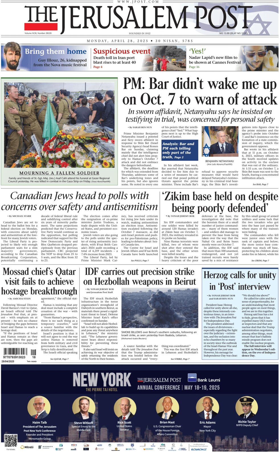 The Jerusalem Post - Today's Front Page, 28/04/2025
