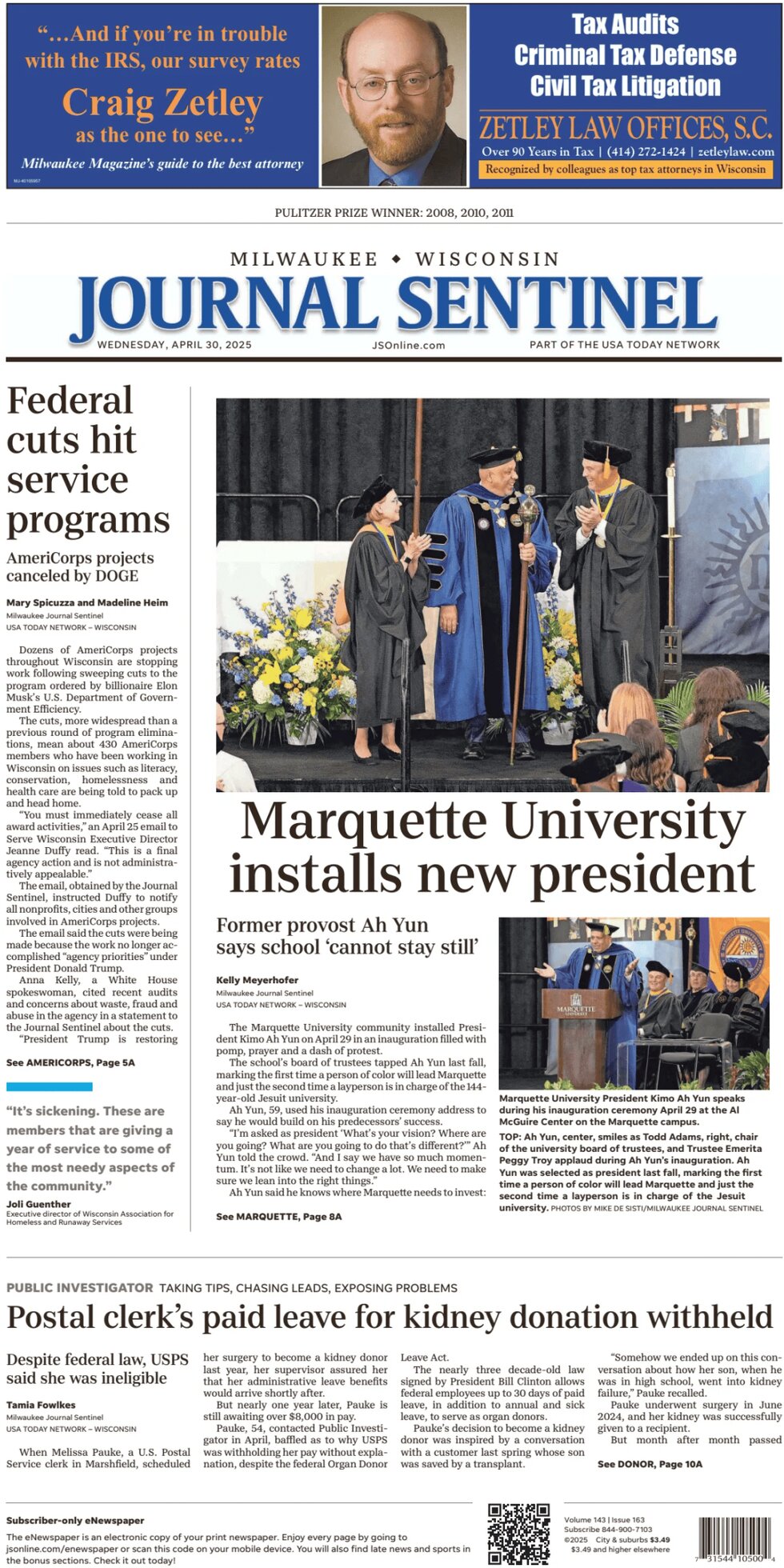 Milwaukee Journal Sentinel - Today's Front Page, 30/04/2025