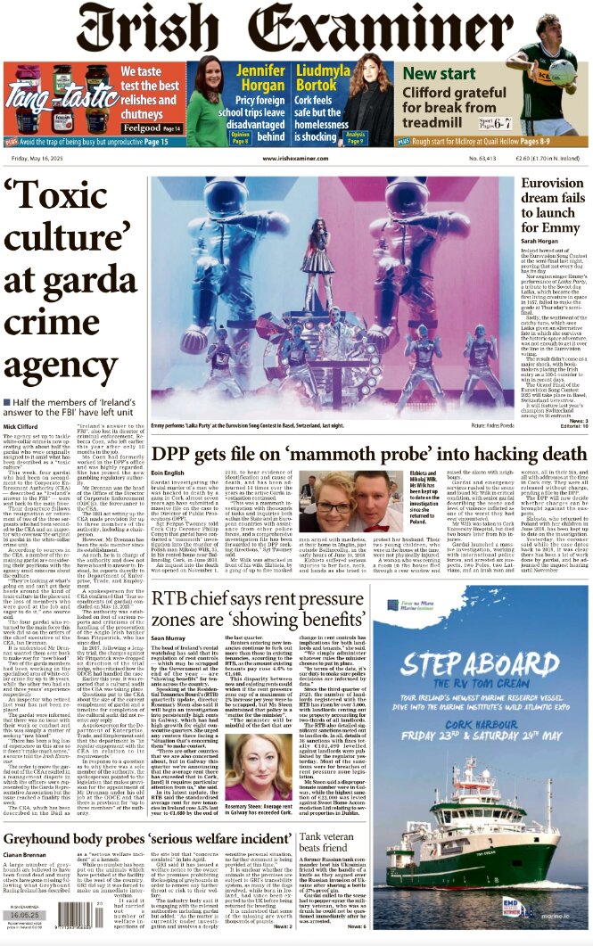Irish Examiner - Today's Front Page, 16/05/2025