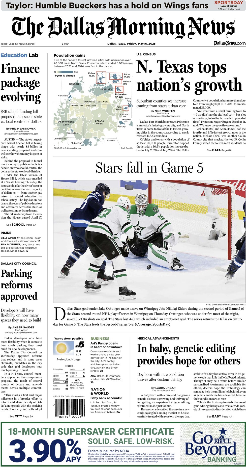 The Dallas Morning News - Today's Front Page, 16/05/2025