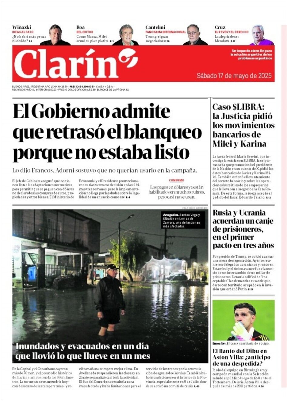 Clarín - Today's Front Page, 17/05/2025