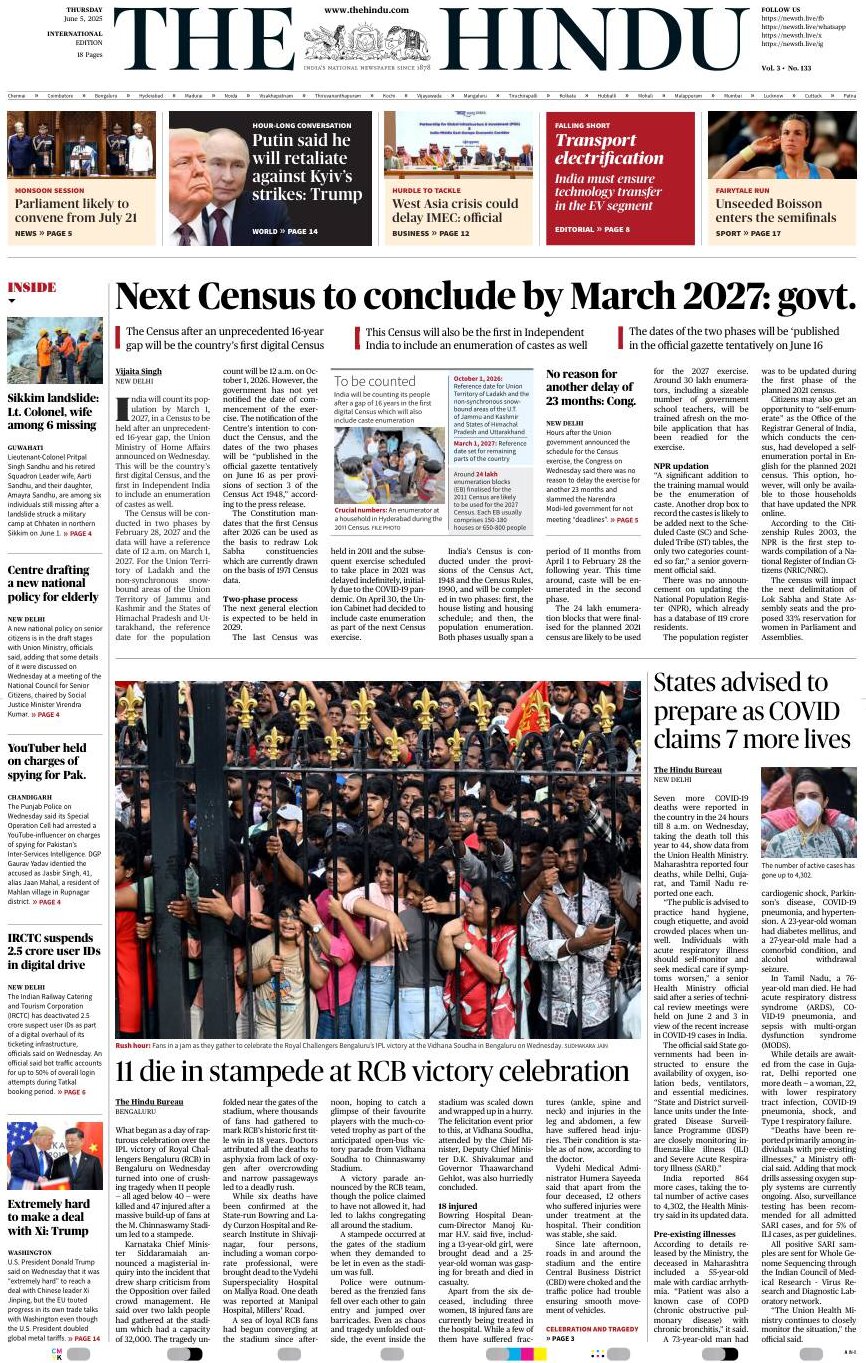 The Hindu - Today's Front Page, 05/06/2025
