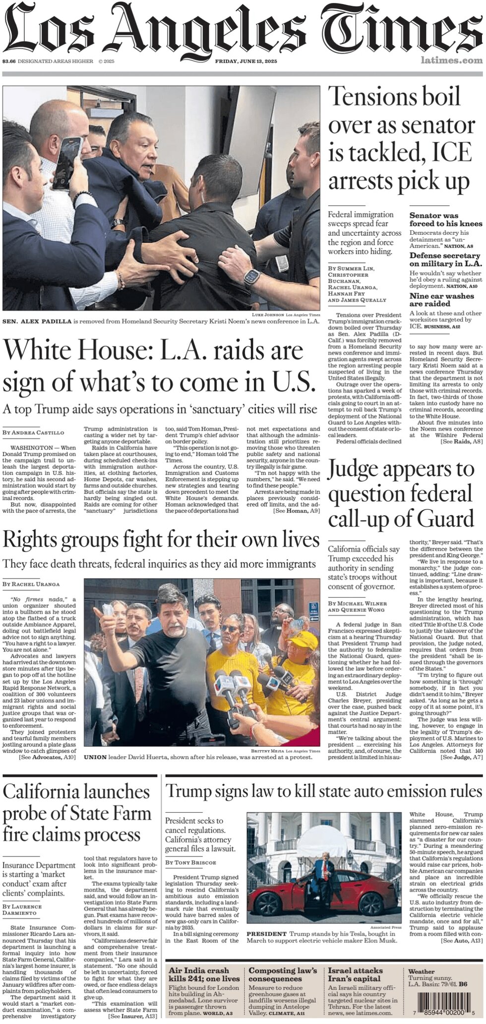 Los Angeles Times - Today's Front Page, 13/06/2025