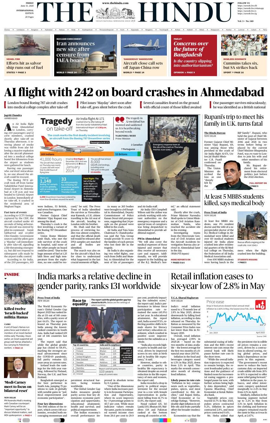 The Hindu - Today's Front Page, 13/06/2025