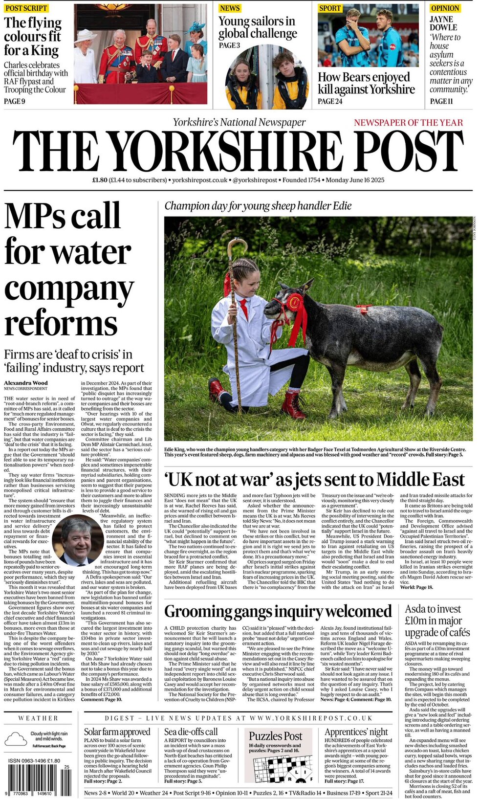 The Yorkshire Post - Today's Front Page, 16/06/2025