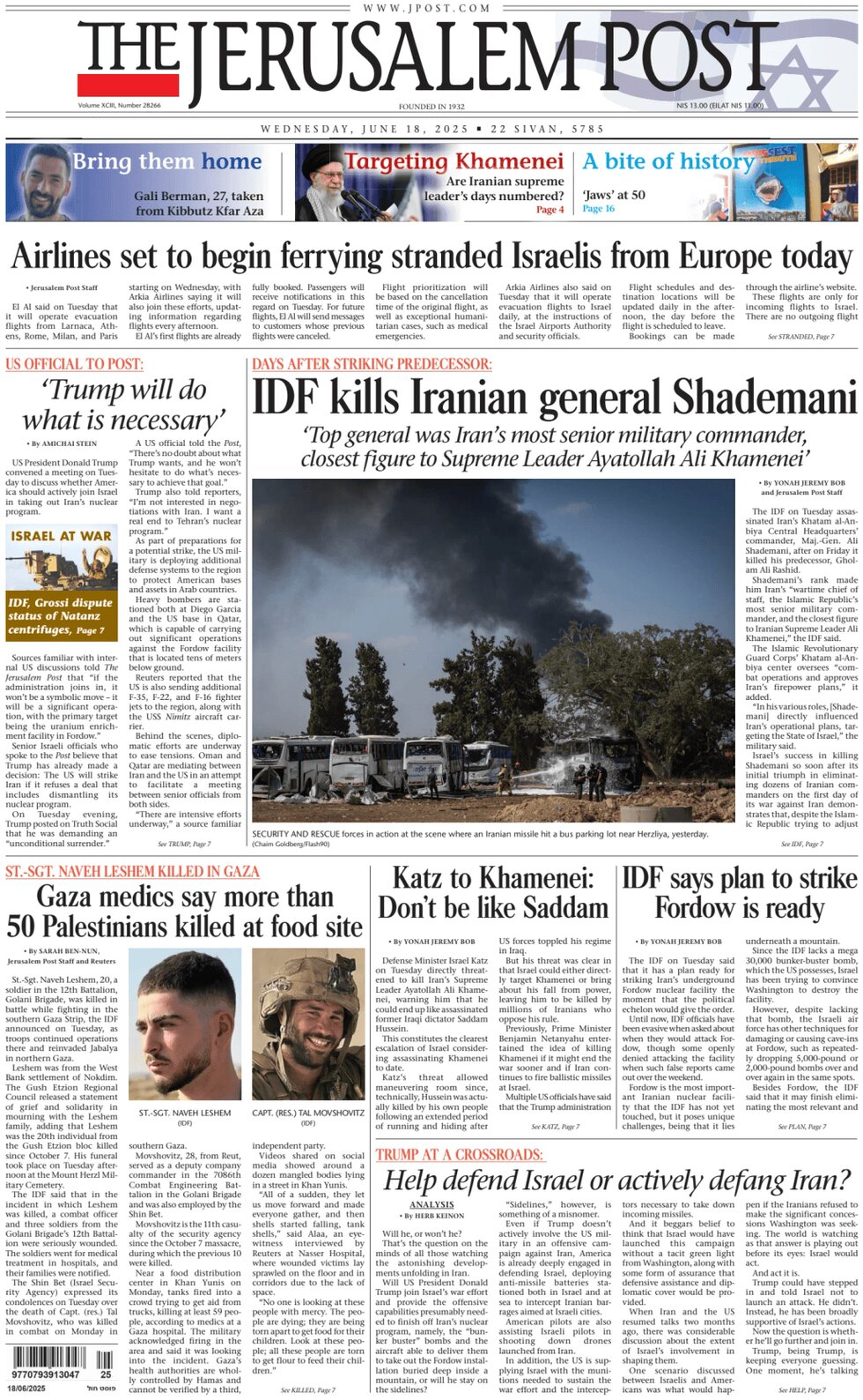 The Jerusalem Post - Today's Front Page, 18/06/2025
