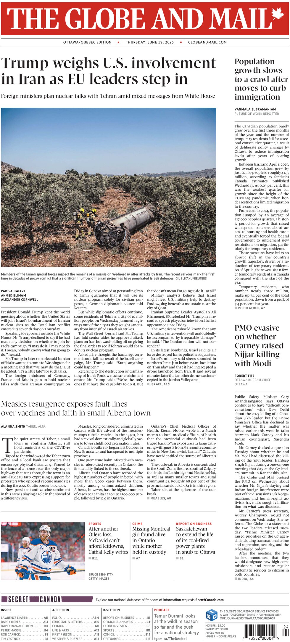 The Globe and Mail - Today's Front Page, 19/06/2025