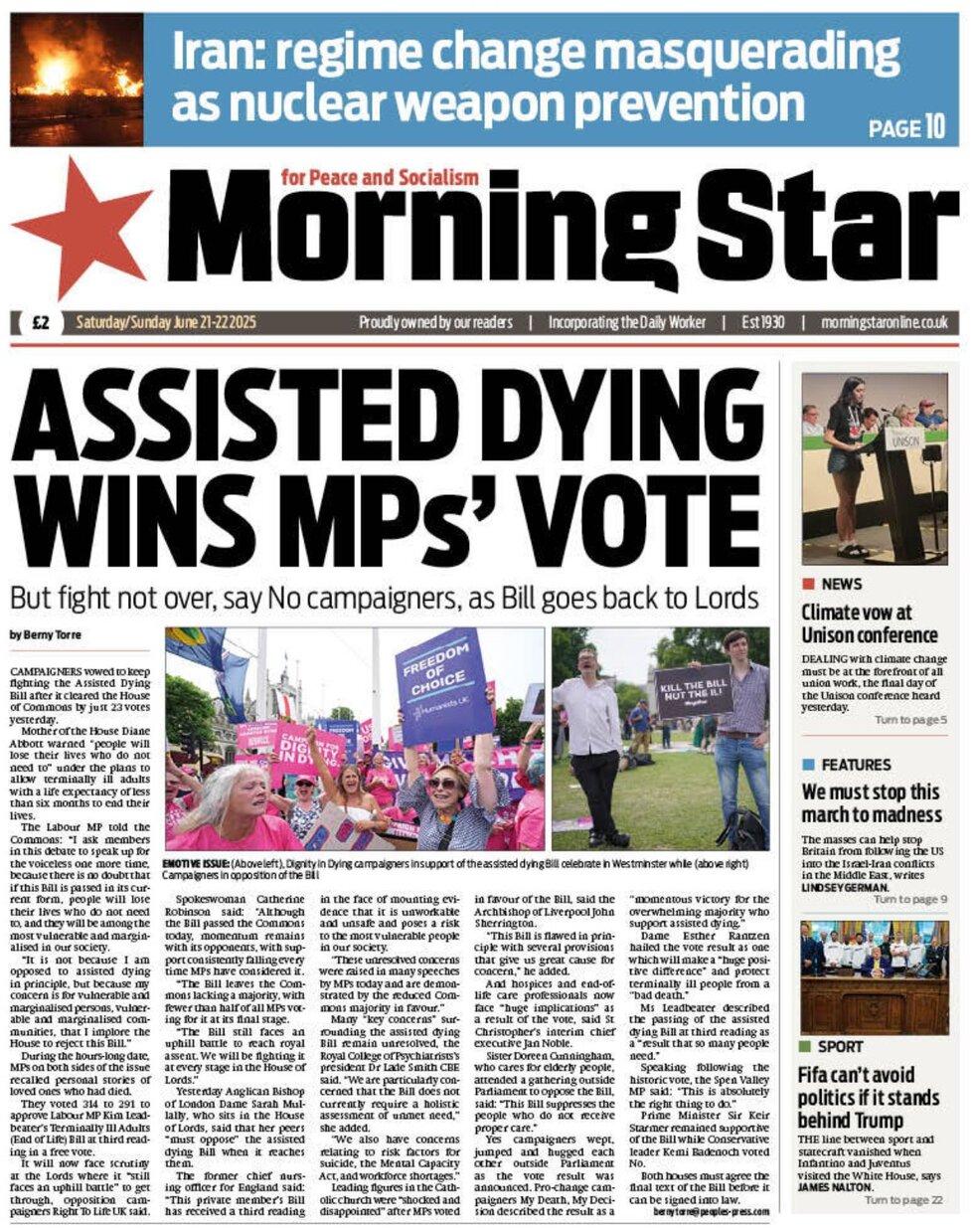 Morning Star - Today's Front Page, 22/06/2025