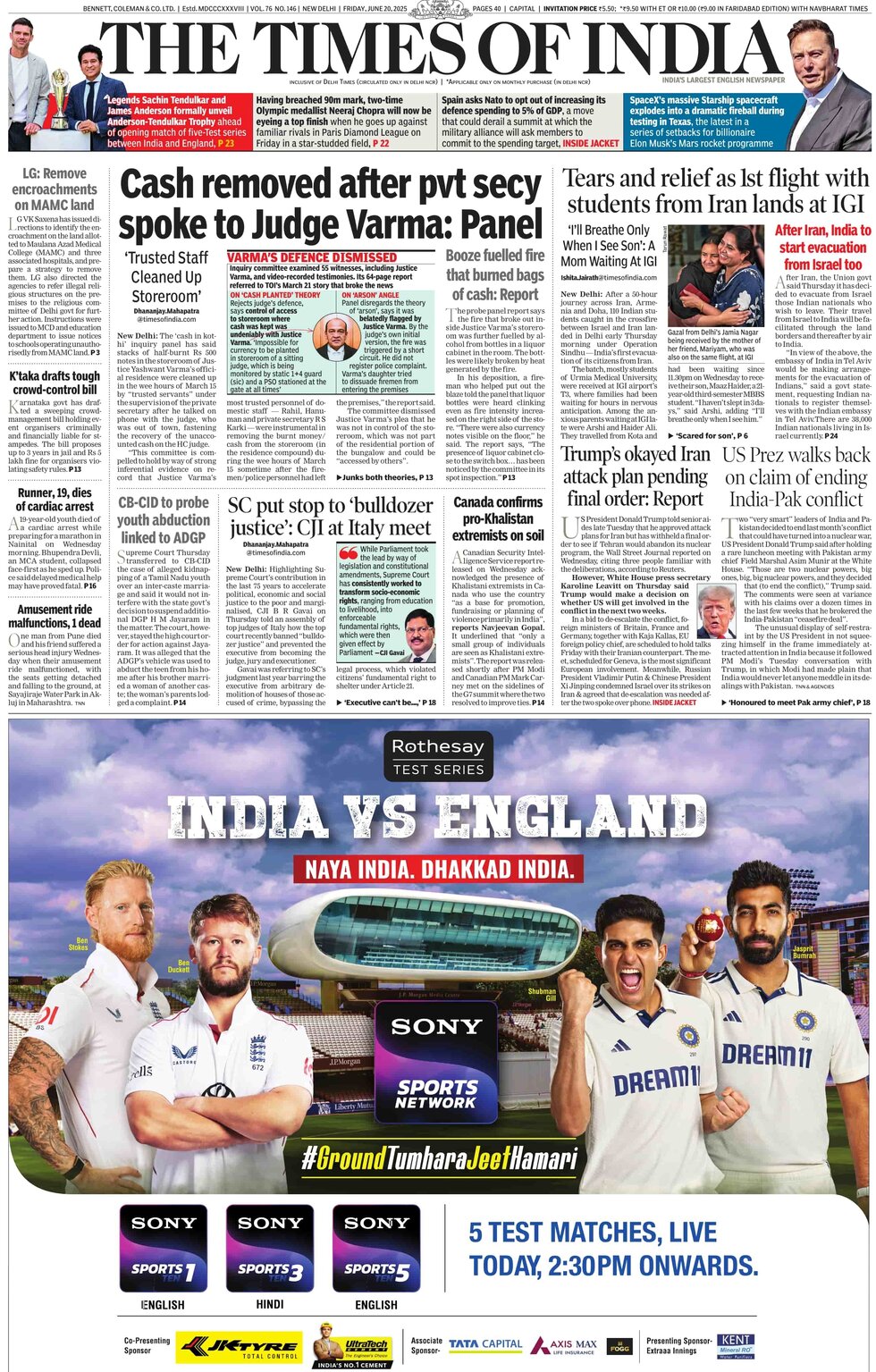 The Times of India - Today's Front Page, 20/06/2025