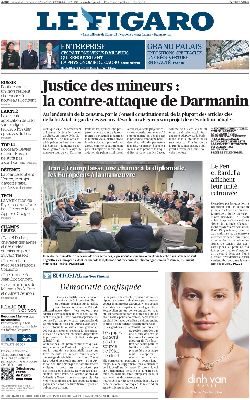 Le Figaro - Today's Front Page, 22/06/2025